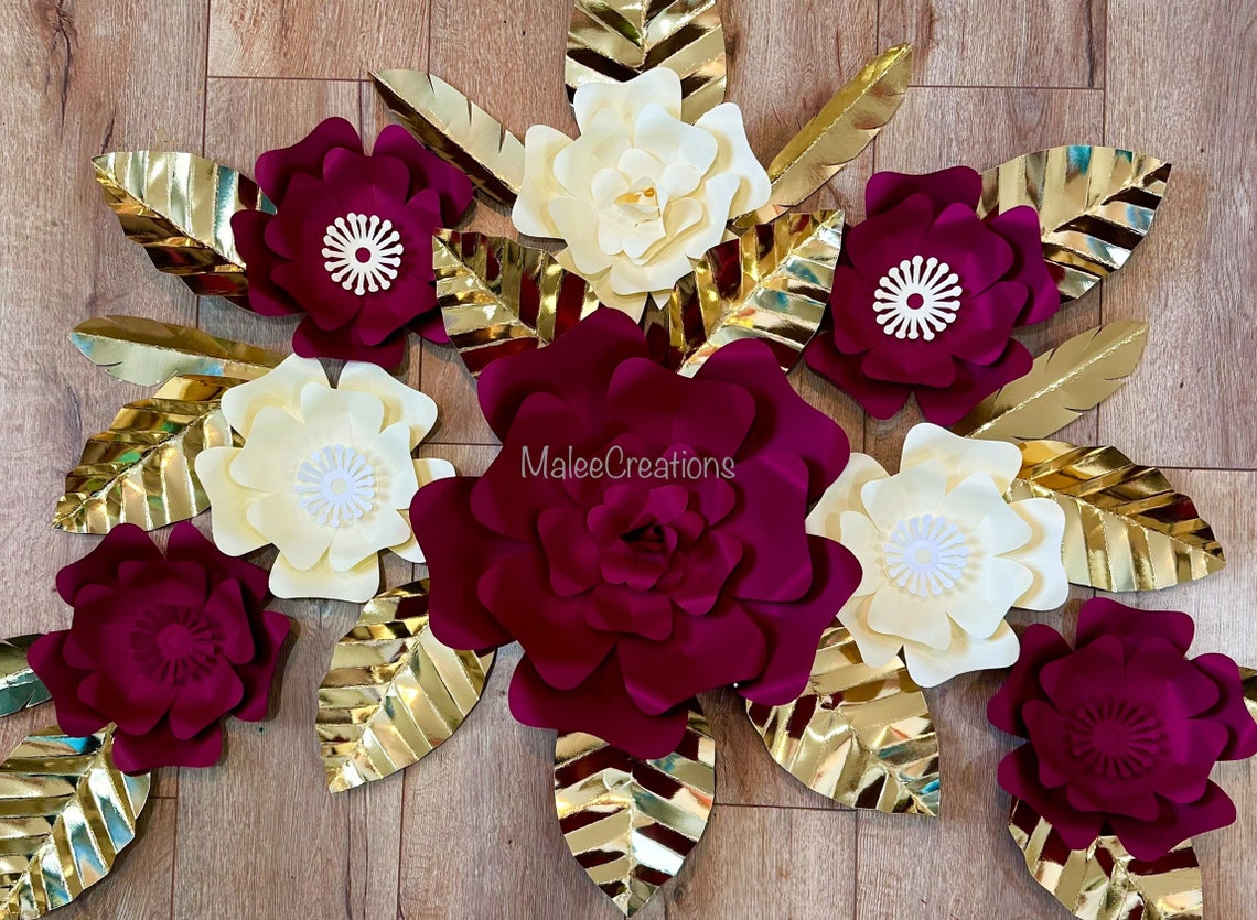 Burgundy and Ivory Color Flowers With Gold Leaves/ Wine Color and Cream ...