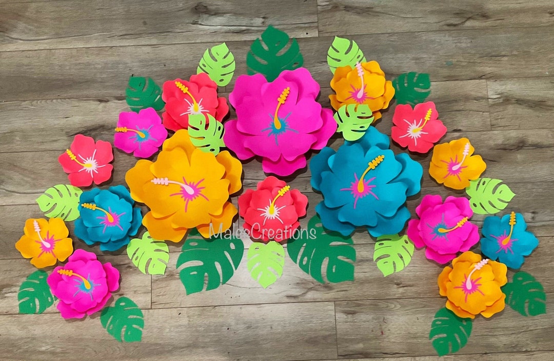 Hawaiian Paper Flower Set,luau Party Decor,tropical Backdrop,hibiscus ...