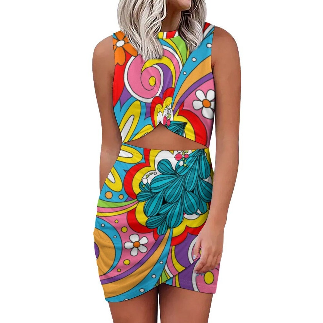 Psychedelic Hippie Boho Bodycon Midriff Cutout Stretch Mini Dress - Etsy