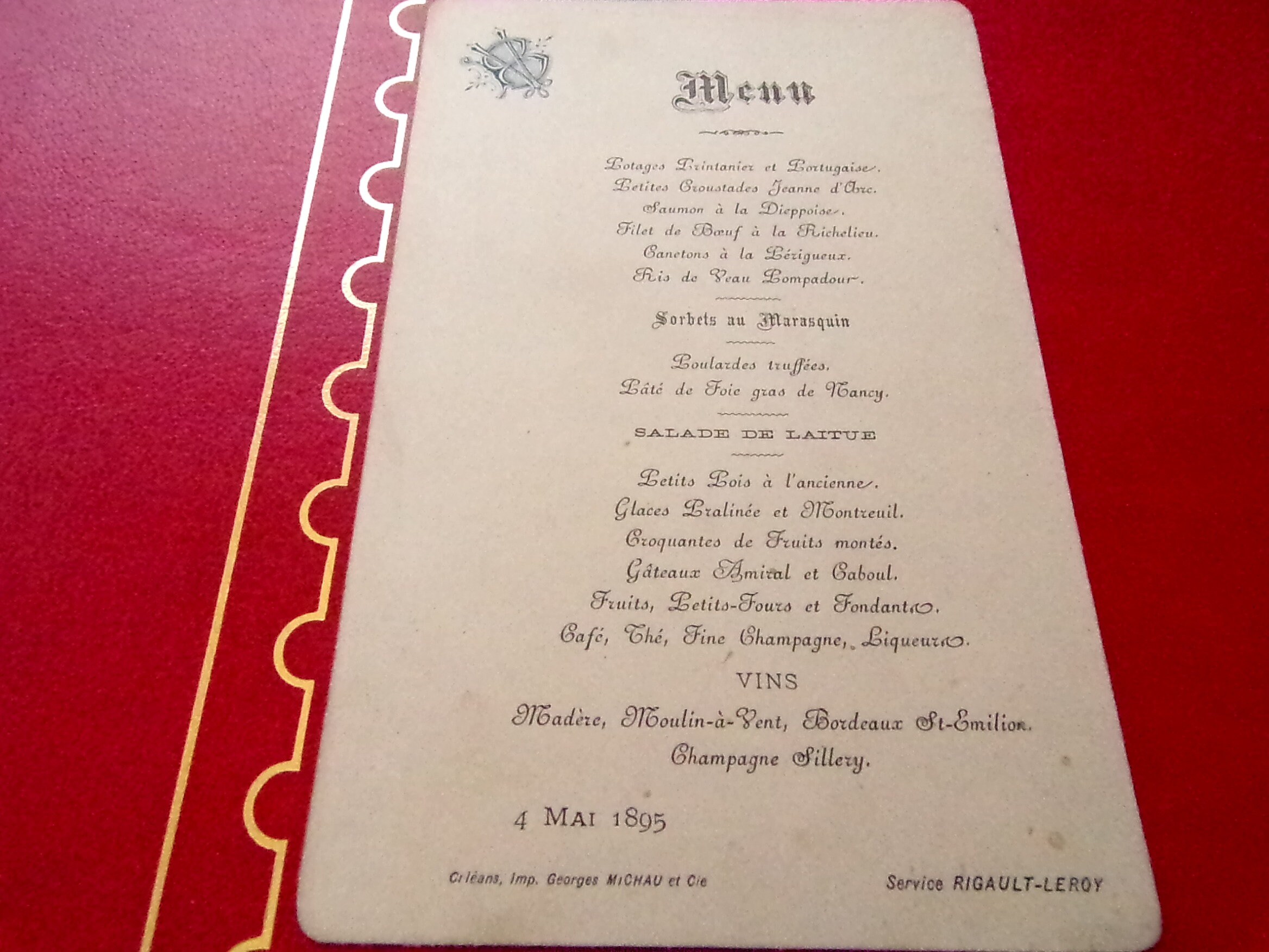 Antique French MENU Restaurant 4 May 1895 Golden Etches - Etsy