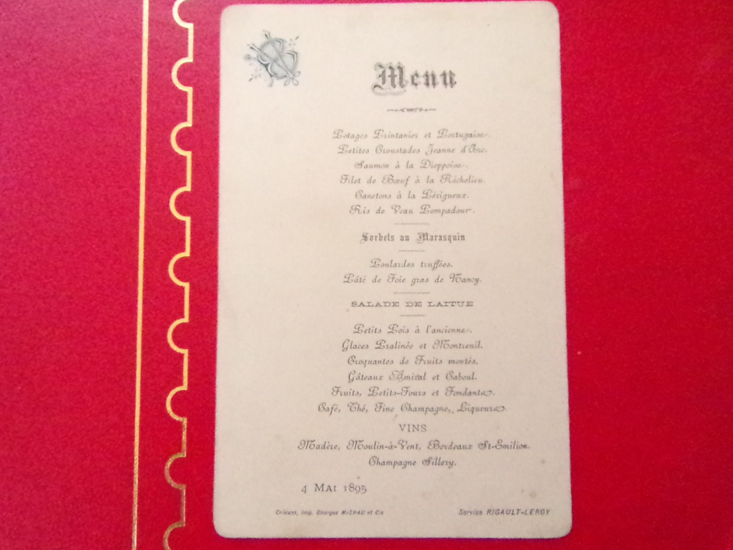 Antique French MENU Restaurant 4 May 1895 Golden Etches - Etsy