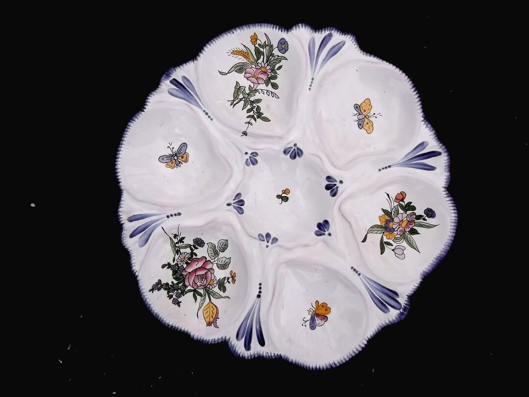 Vintage Rare French Majolica OYSTER PLATE Roullet Renoleau Foral ...