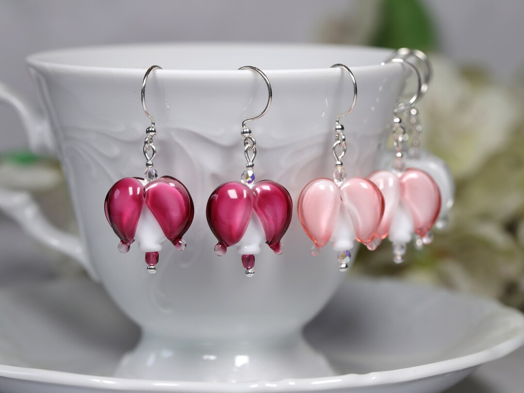 Sterling Silver Earrings Bleeding Hearts, Dicentra, Murano Glass - Etsy