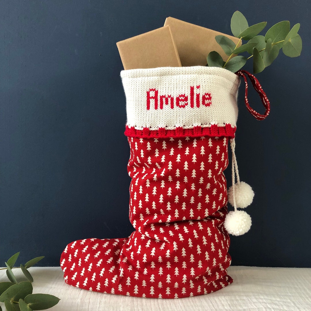 Red Personalised Christmas Stocking With Knitted Cuff - Etsy