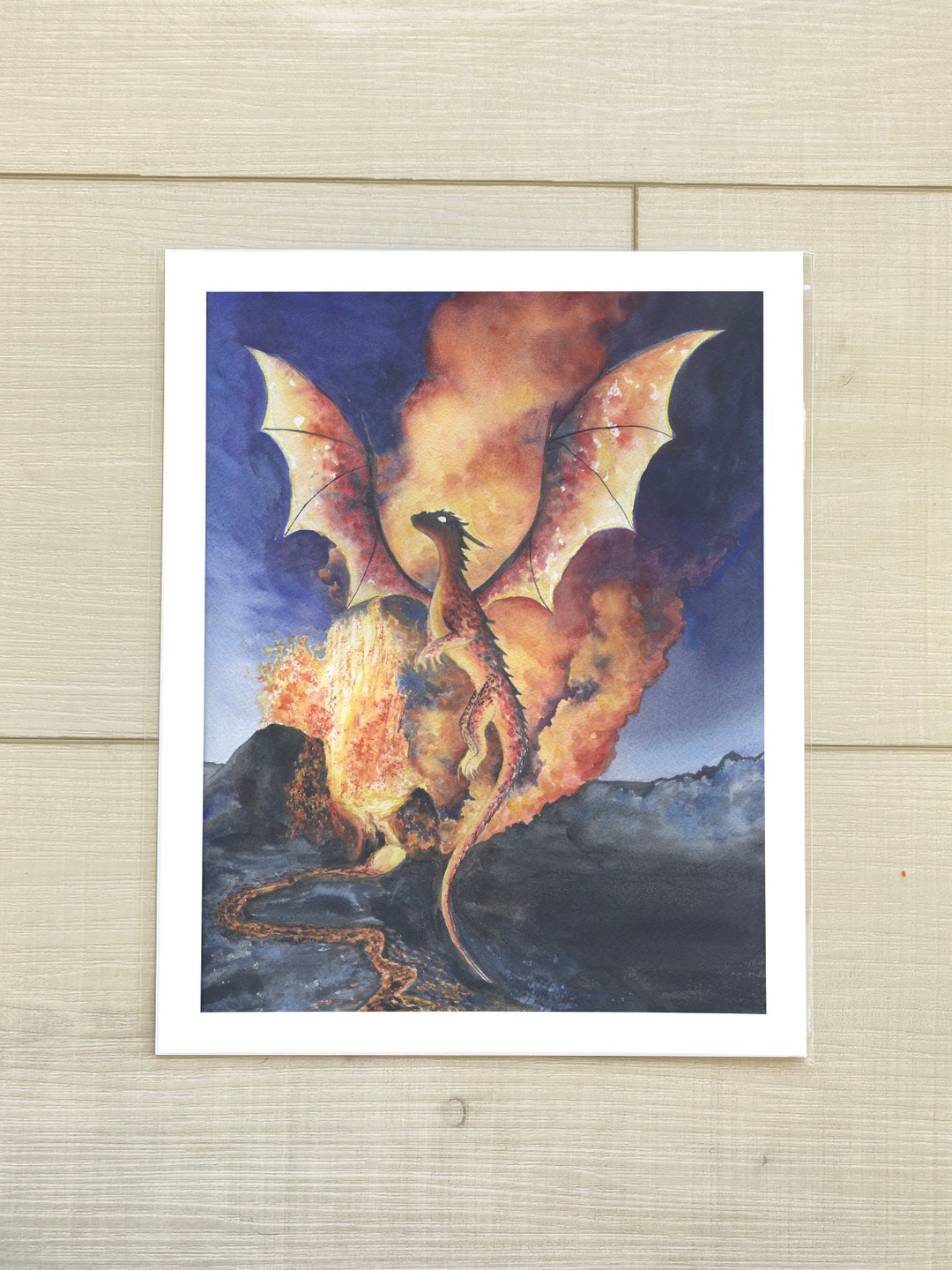 Volcanic Dragon Watercolor Print | Fantasy | Dragons | Fire | Volcano ...