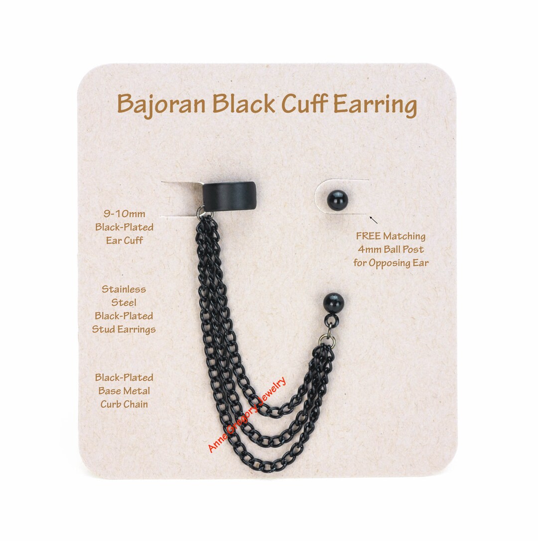 Black Cuff Bajoran Earring, Non-piercing Triple Chain Stainless Steel ...