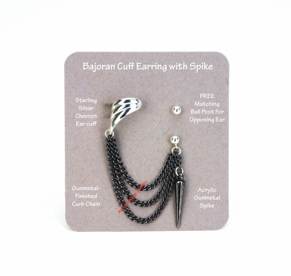 Silver Ear Cuff Bajoran Earring Gunmetal Spike Triple Chain - Etsy