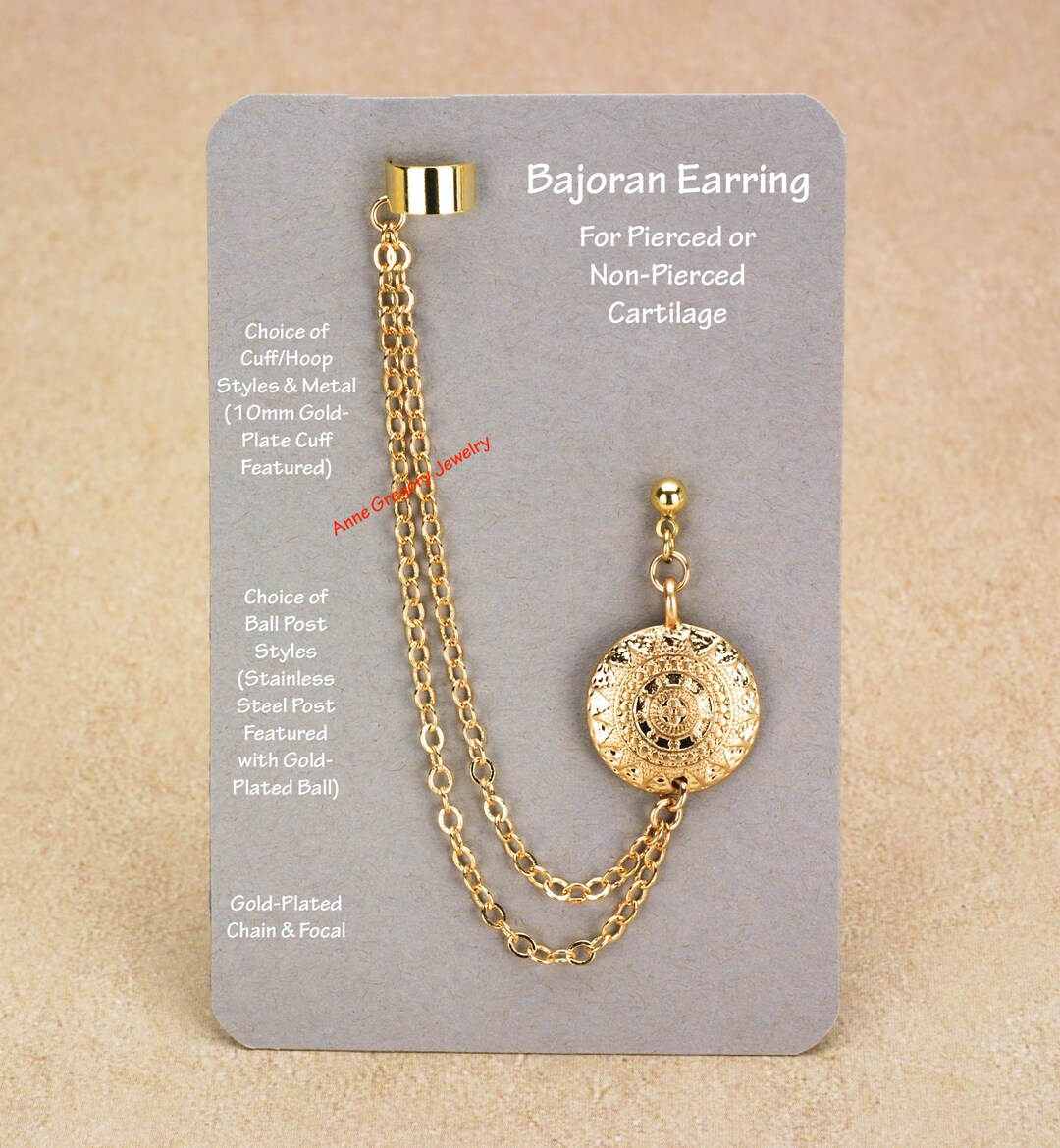 Bajoran Earring Pierced & Non-pierced Cartilage, Gold Helix Cuff, Hoop With Post, Ornate ...