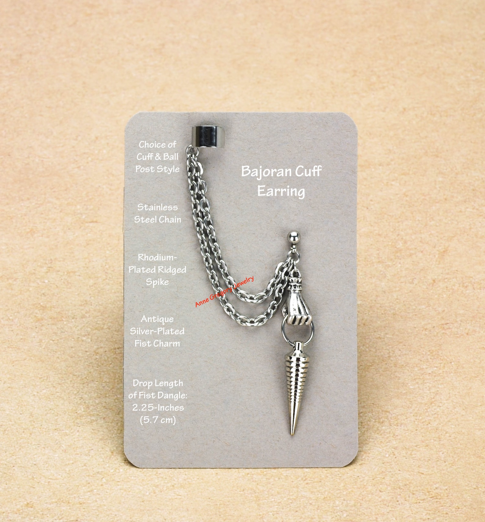 Rhodium Ridged Spike Earring, Bajoran Cuff, Fist Charm, Stainless Steel ...