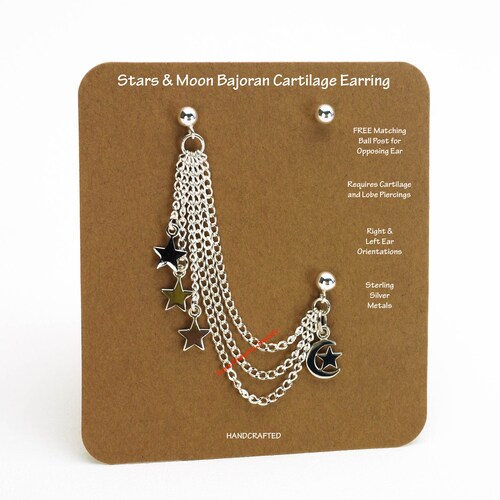 Crescent Moon and Stars Bajoran Earring Sterling Silver Ear | Etsy