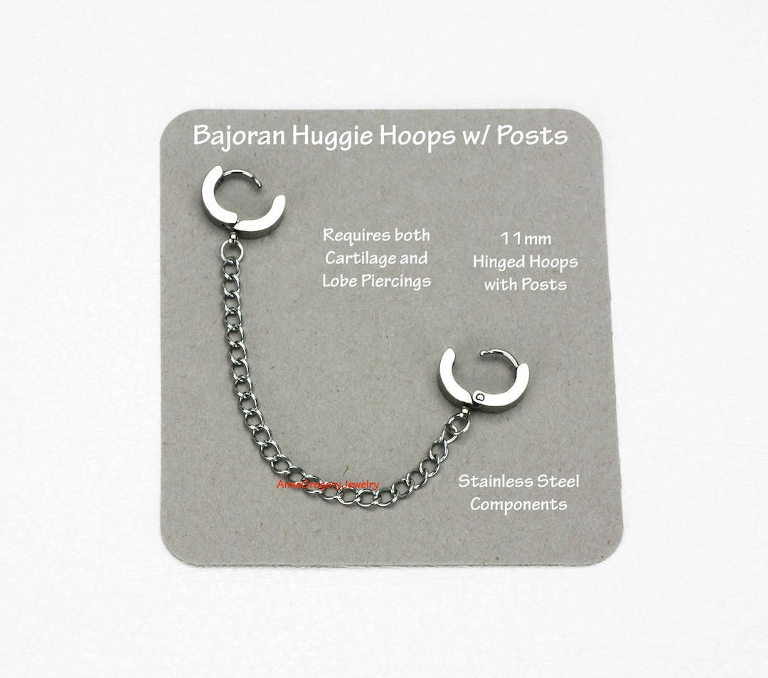 Bajoran Huggie Hoop Earring With Posts and Chain, Pierced Cartilage ...
