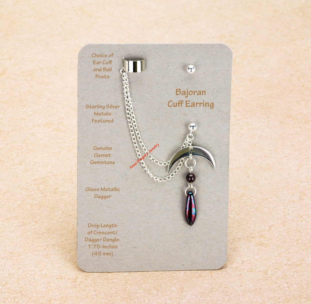 Garnet Gemstone Bajoran Cuff Earring, Glass Metallic Dagger, Sterling ...