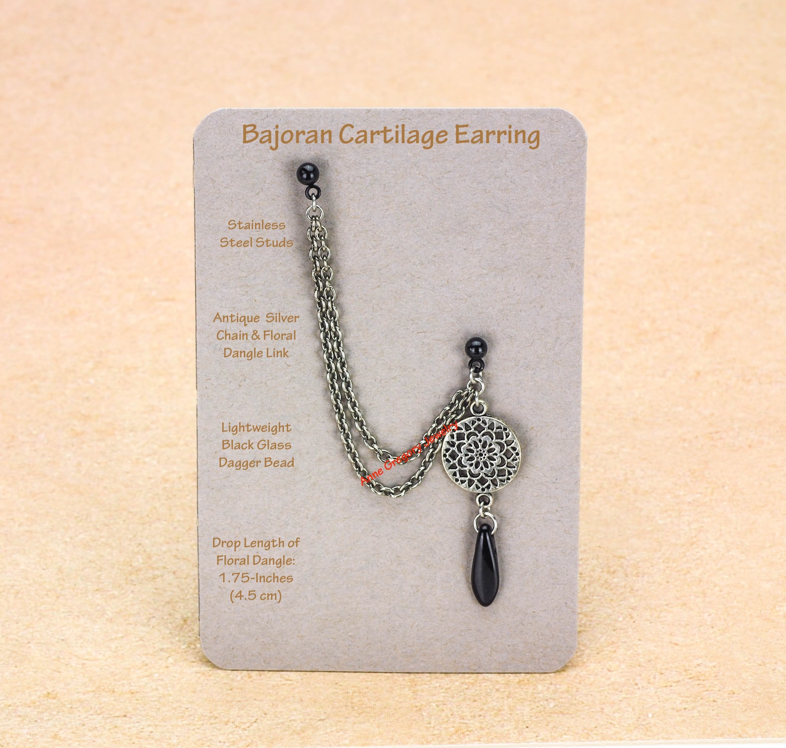 Women's Floral Bajoran Cuff Earring, Jet Glass Dagger, Antique Silver ...
