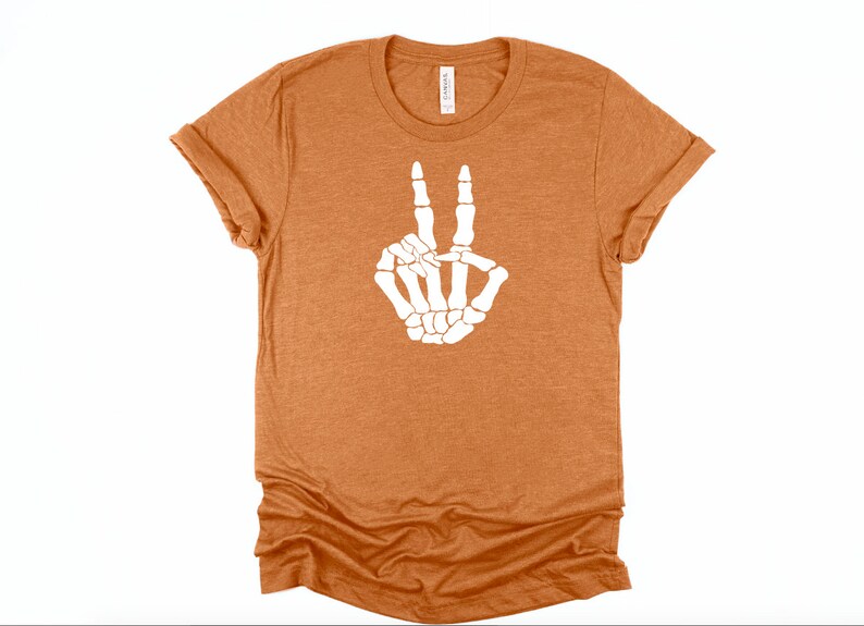 Women's Halloween Shirt - Skeleton Hand Peace Sign - Peace Love ...