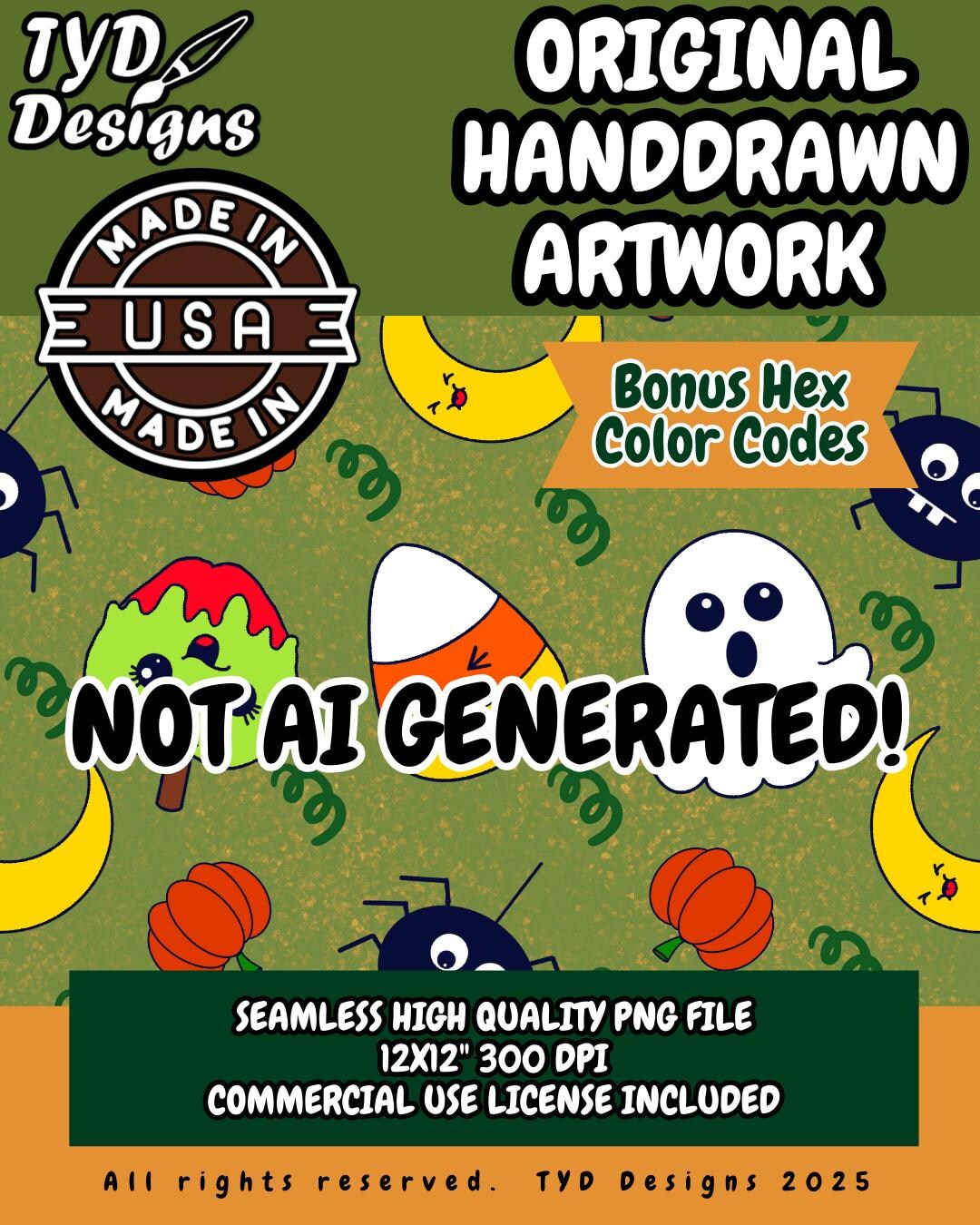 Kawaii Halloween Seamless Pattern: Spider, Ghost, Pumpkin (PNG Digital ...