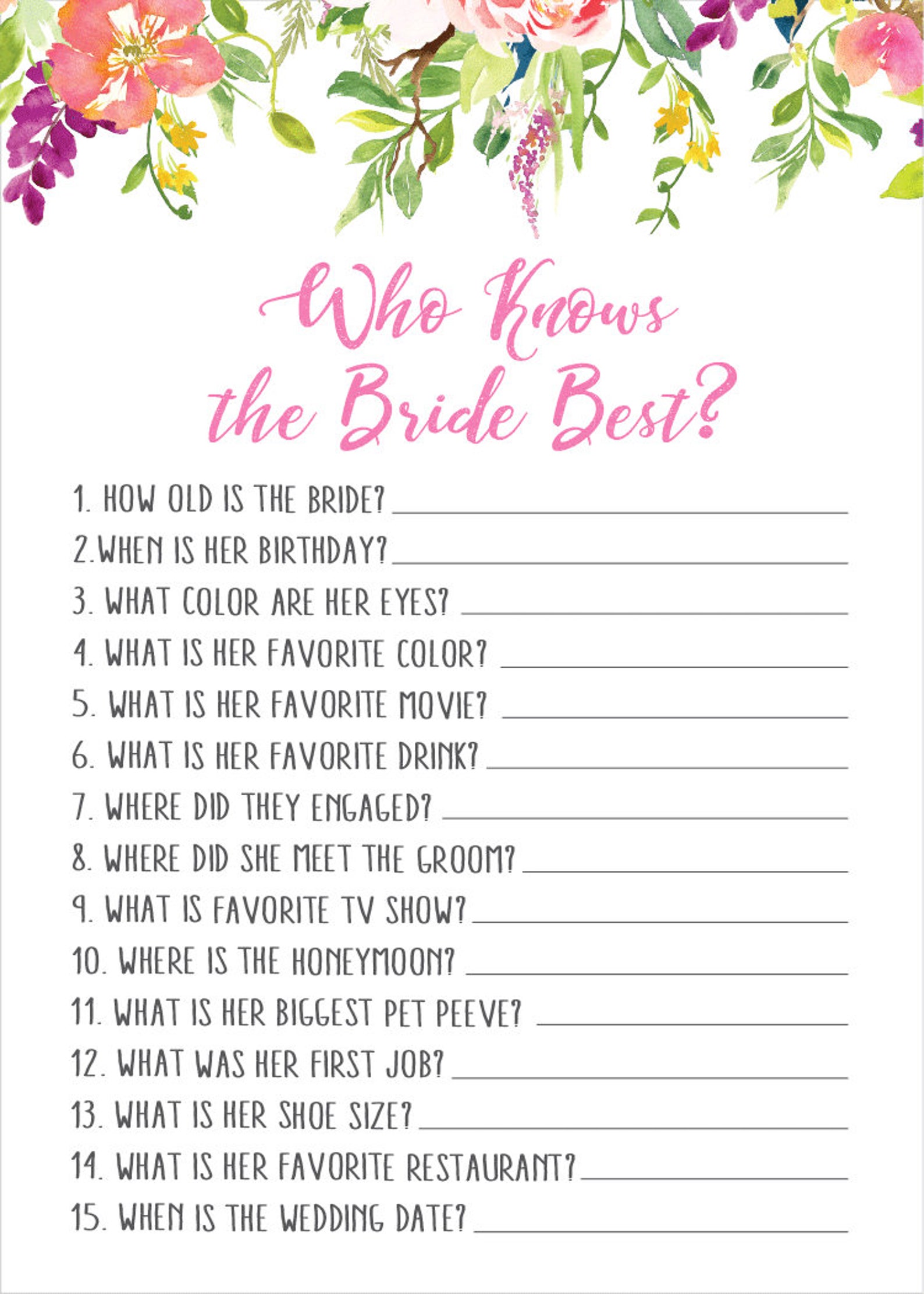 Pink Flowers Bridal Shower Games Package 6 Games Printable | Etsy