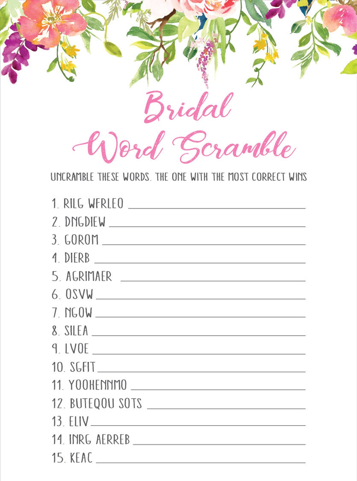 Pink Flowers Bridal Shower Games Package 6 Games Printable | Etsy