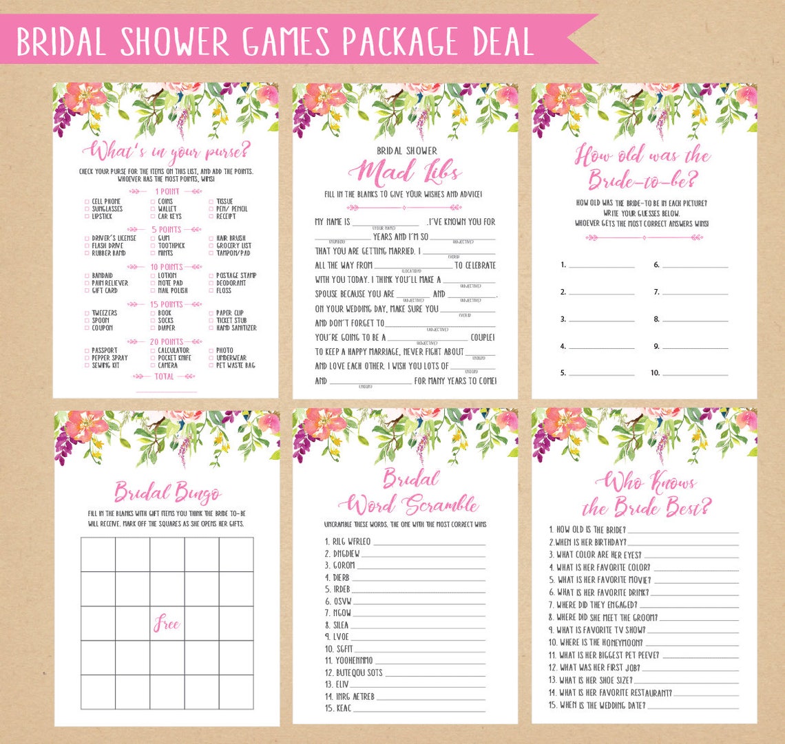 Pink Flowers Bridal Shower Games Package 6 Games Printable | Etsy