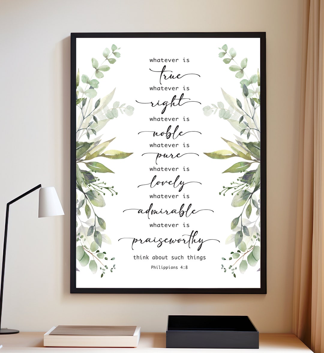 Philippians 4:8 Scripture Wall Art, Watercolor Greenery (digital ...