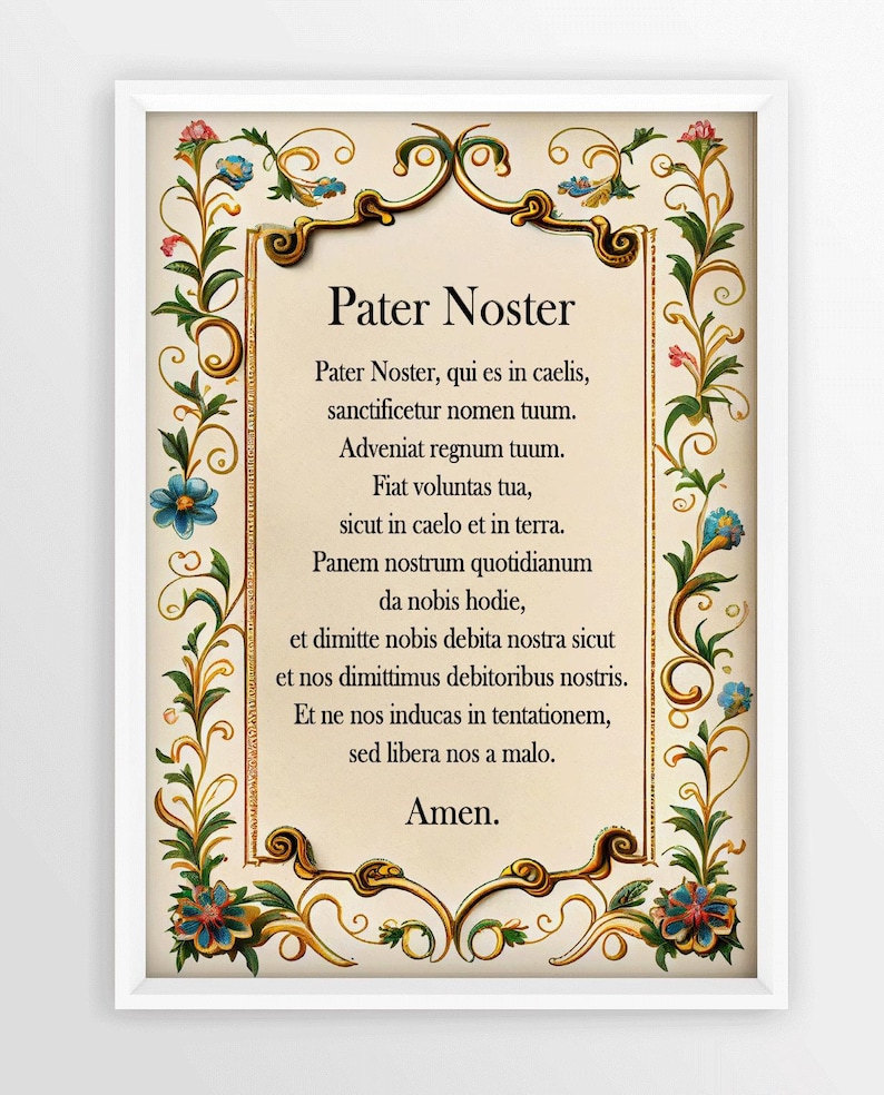 Pater Noster Latin Prayer Art Print, Medieval Catholic Wall Decor, the ...
