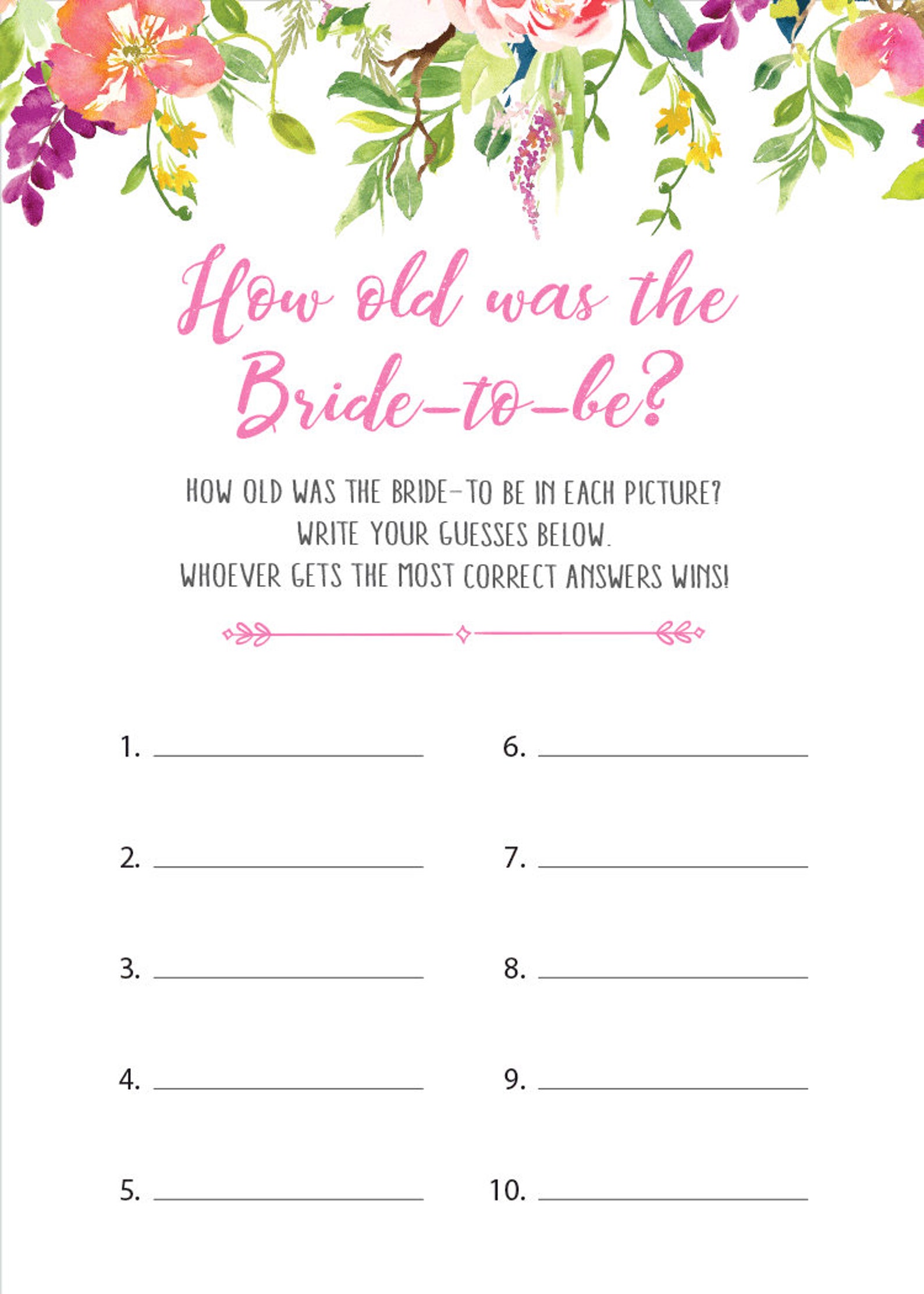 Pink Flowers Bridal Shower Games Package 6 Games Printable | Etsy