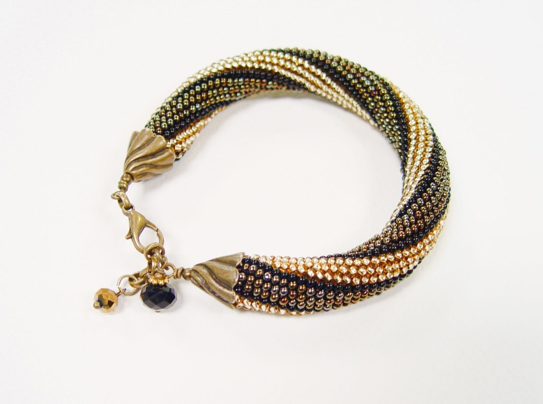 Bead Crochet Rope Bracelet. Gold Black Brown Bold Bracelet. Beaded ...