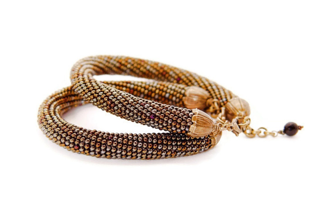 Set of 2 Bead Crochet Rope Bracelet. Metallic Brown Bold Bracelet ...