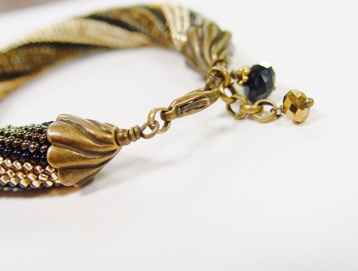 Bead Crochet Rope Bracelet. Gold Black Brown Bold Bracelet. Beaded ...