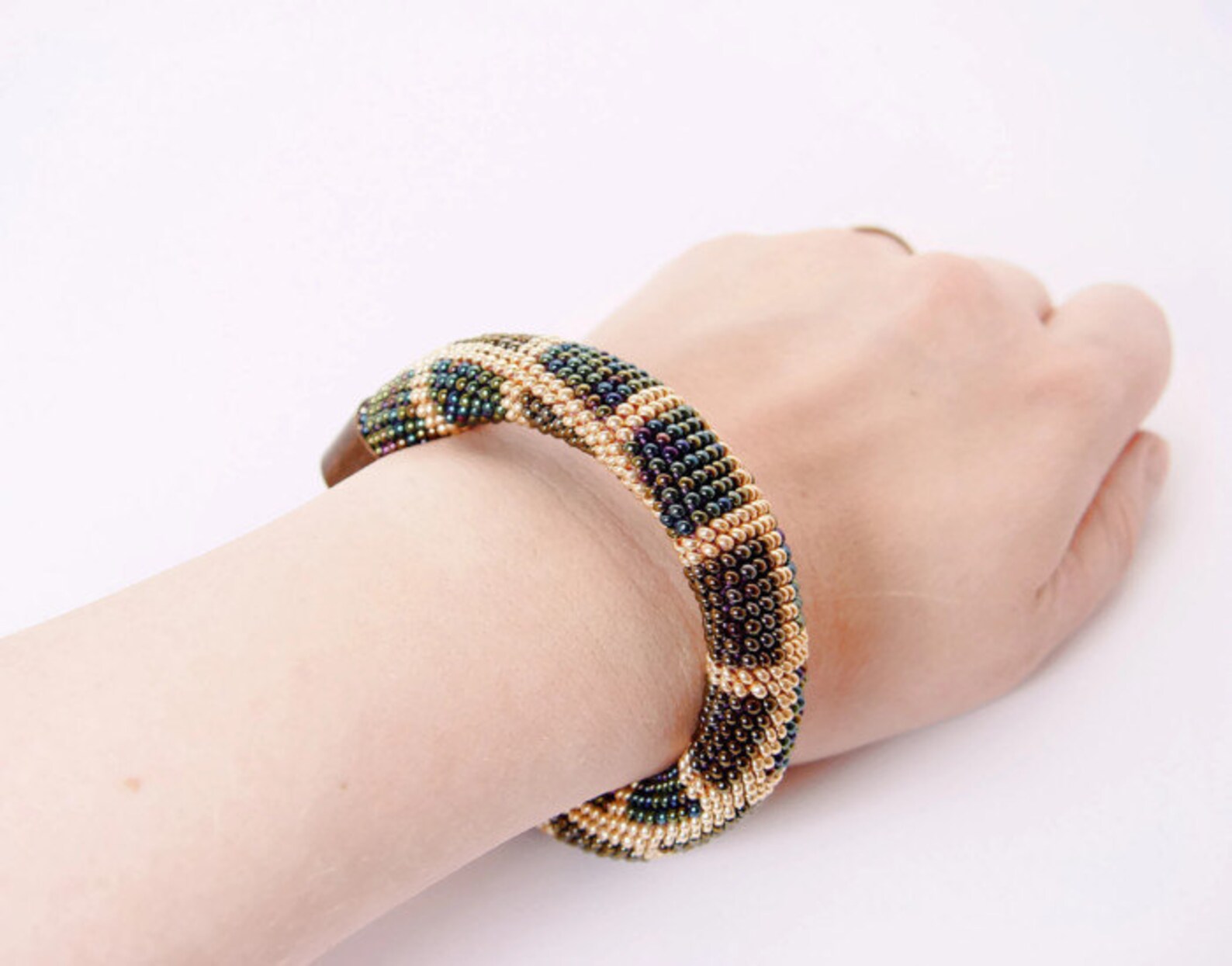 Bead Crochet Rope Bracelet. Gold Green Brown Bold Bracelet. Beaded ...