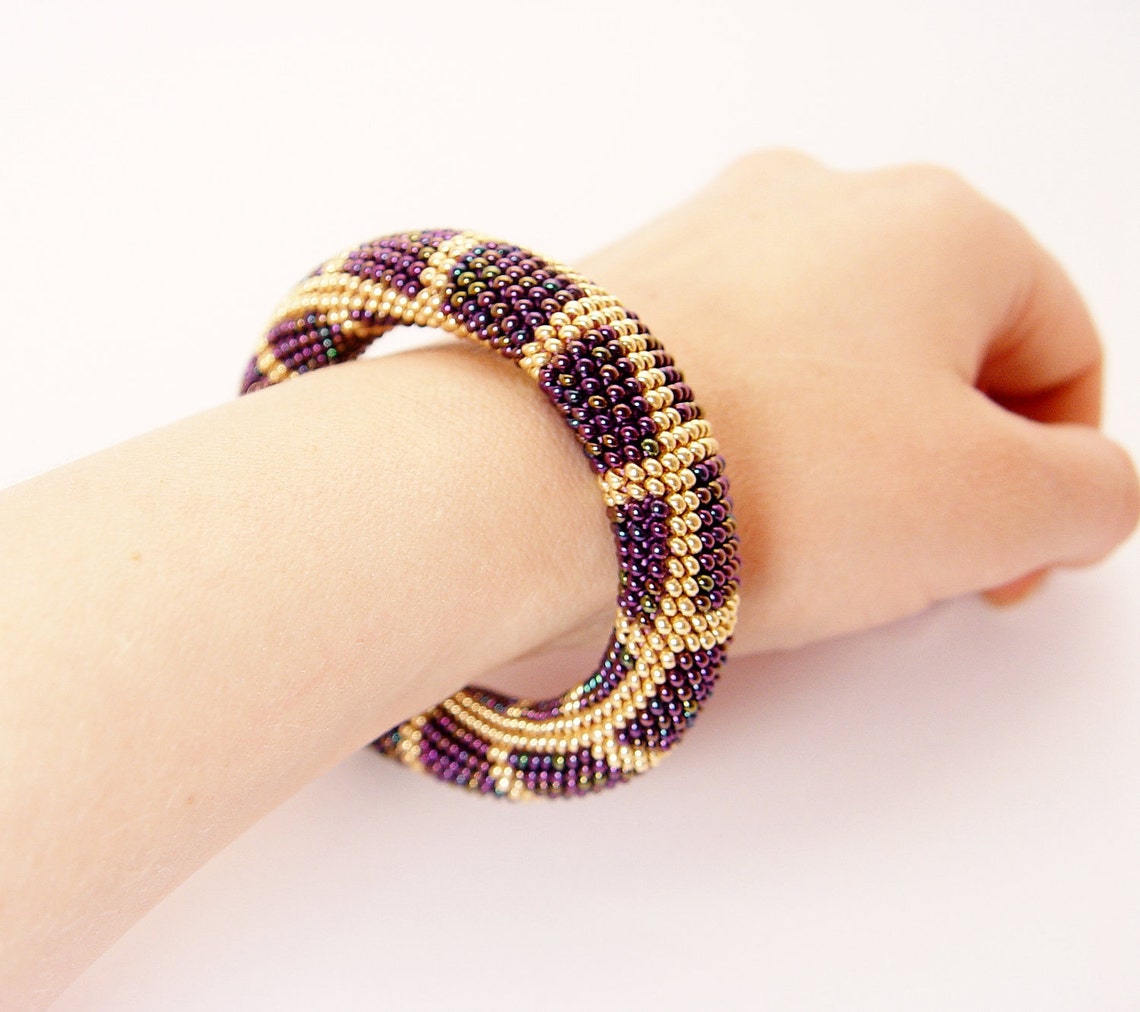 Bead Crochet Rope Bracelet. Purple Gold Bold Bracelet. Beaded ...
