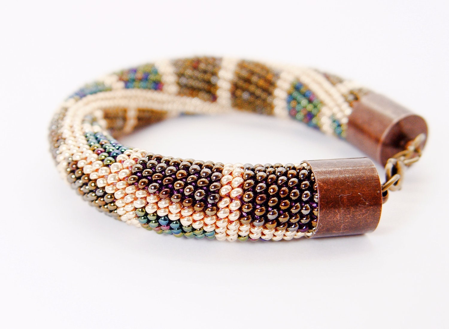 Bead Crochet Rope Bracelet. Gold Green Brown Bold Bracelet. Beaded ...