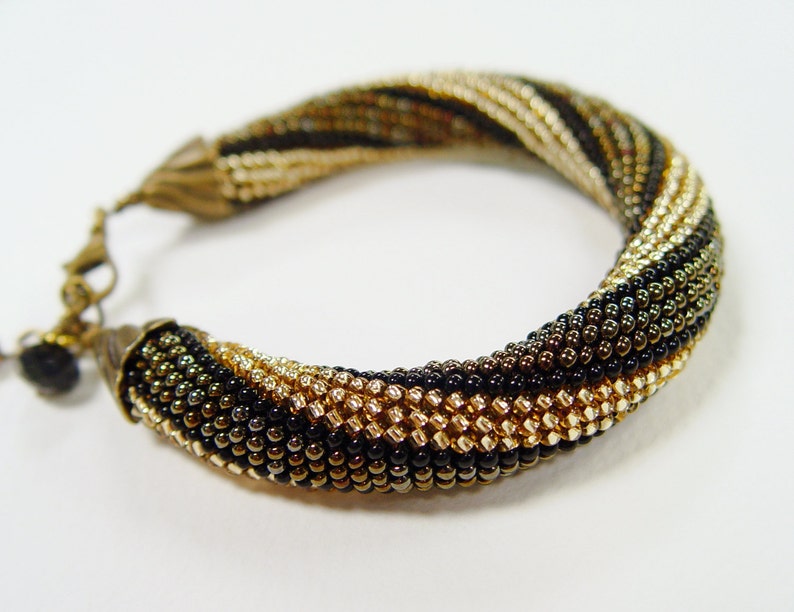 Bead Crochet Rope Bracelet. Gold Black Brown Bold Bracelet. Beaded ...