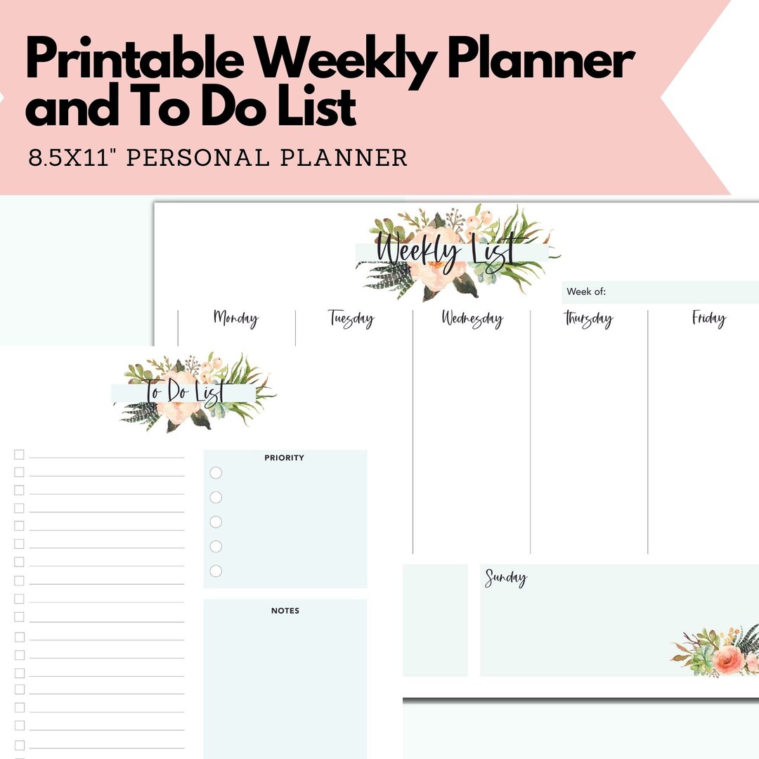 Printable Weekly Calendar To Do List 8 5x11 Planner Etsy