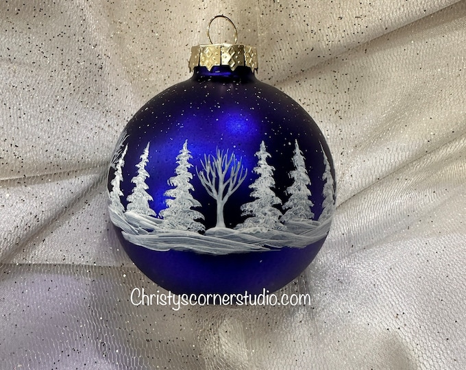 Indigo, Hand-painted, Glass Christmas Ornament, Winter Forest Scene - Etsy
