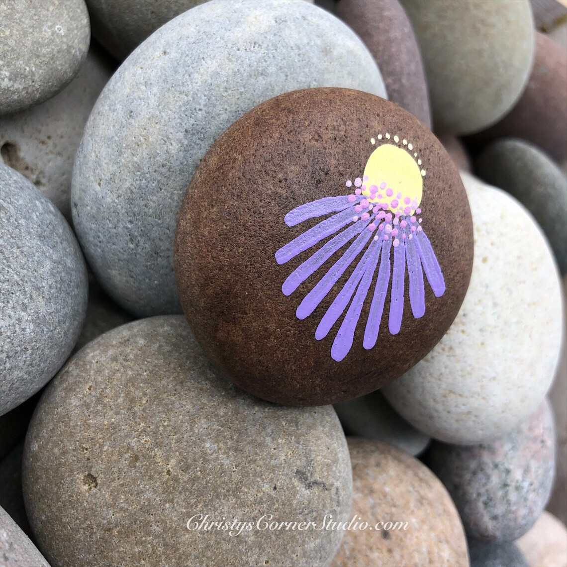 Hand Painted Purple Flower Stone - Etsy