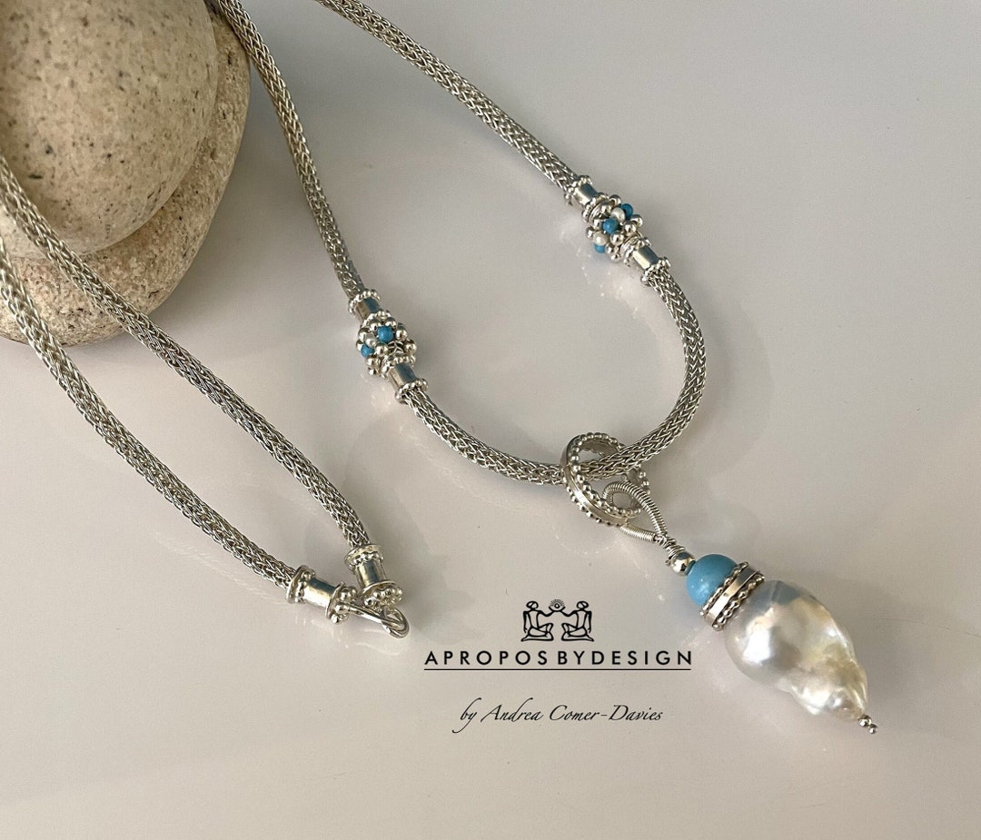 Sterling Hand Woven Spiral Loop Chain Necklace, Baroque Pearl Focal ...