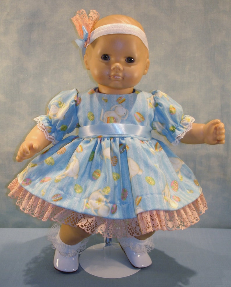 15 Inch Doll Clothes - Easter Eggs and Bunnies on Blue Dress, Bloomers ...
