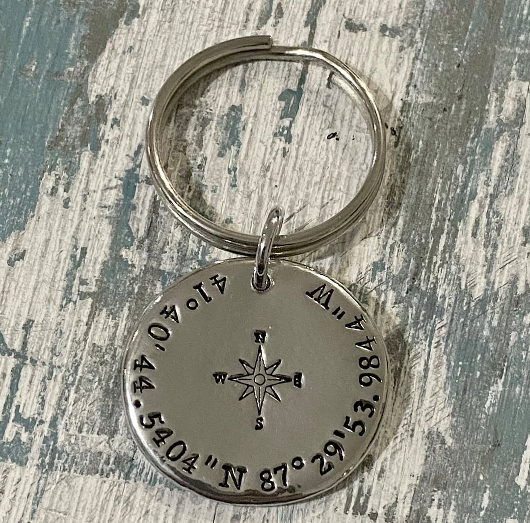 Personalized Pewter, Hand Stamped, Compass, Longitude, Latitude, GPS ...