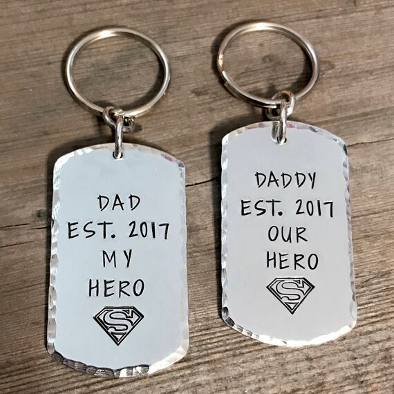 Hand Stamped Dad Key Chain Daddy Super Hero Brushed Aluminum | Etsy