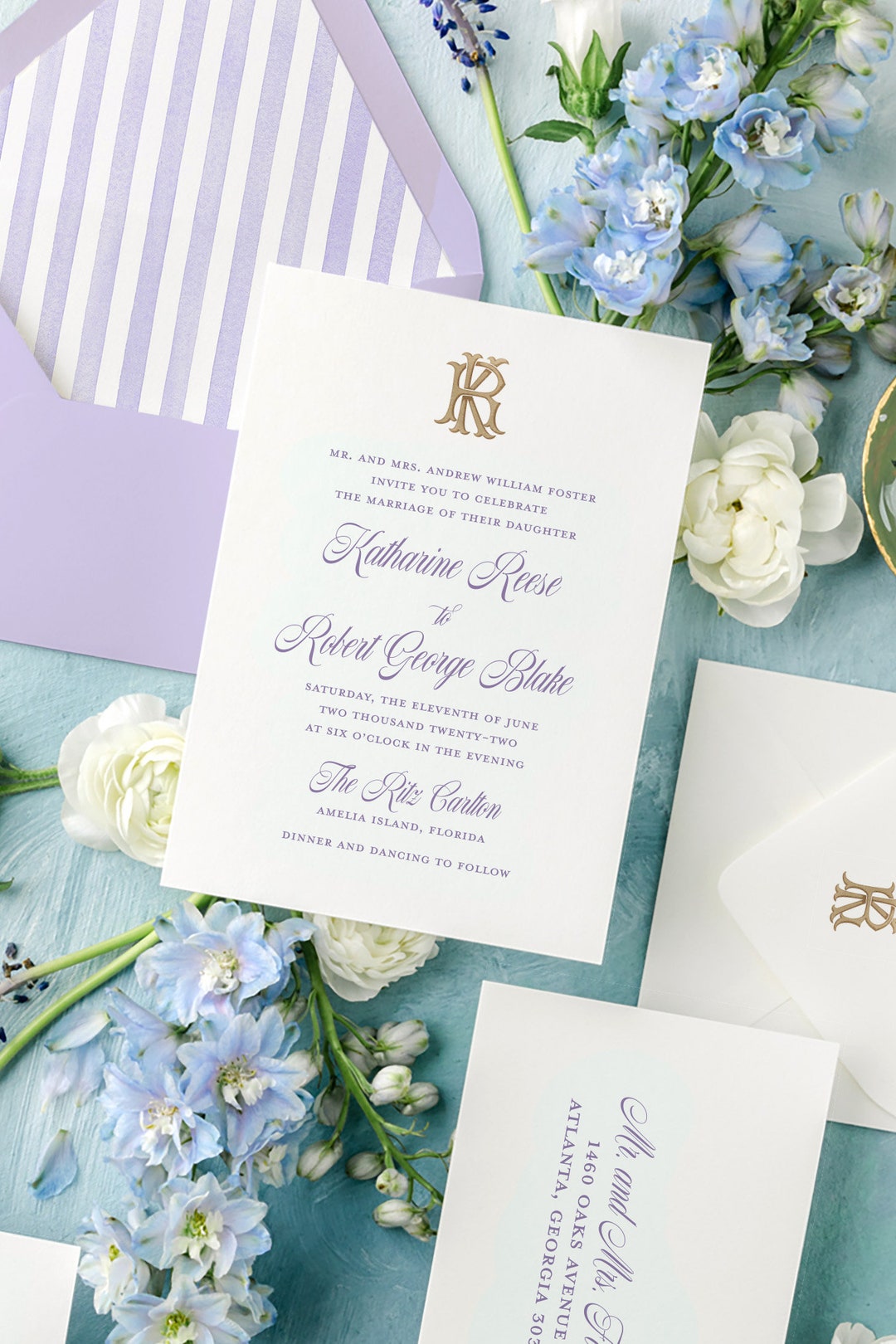 Monogram Stripe Wedding Invitation Suite Printed Invitation With ...
