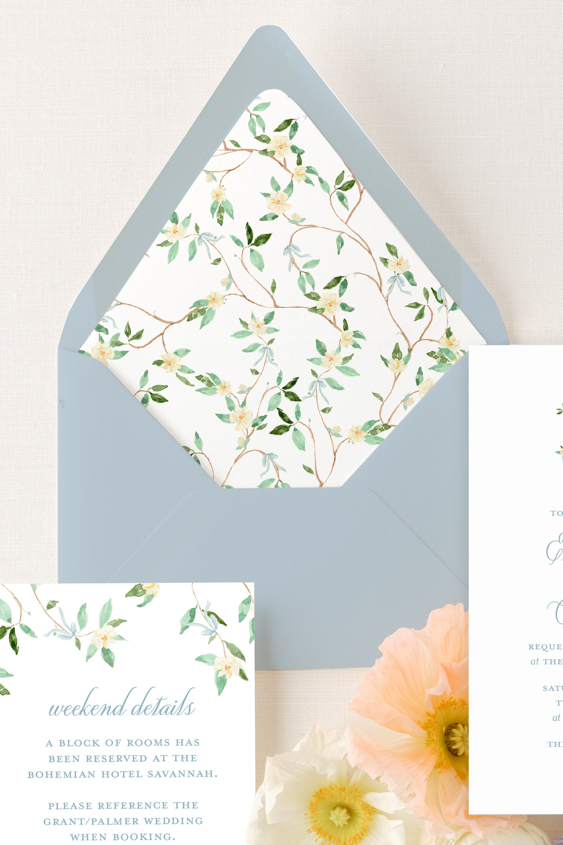 Magnolia Chinoiserie Blue Watercolor Wedding Invitations | Printed ...