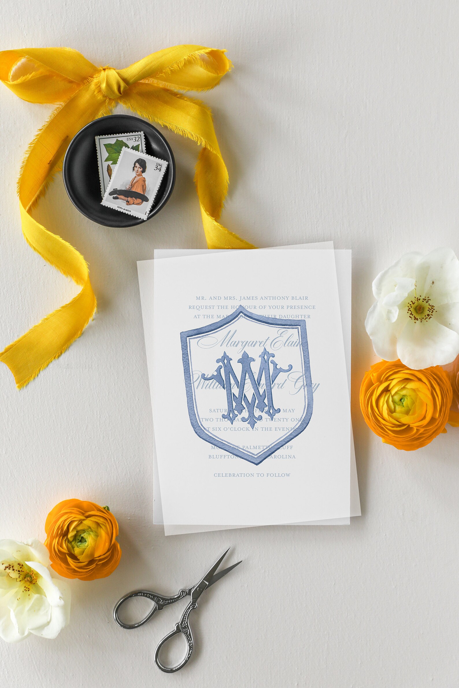 Classic Couple's Crest Vellum Overlay Interlocking Monogram Couple's Monogram Invitation Add-on ...