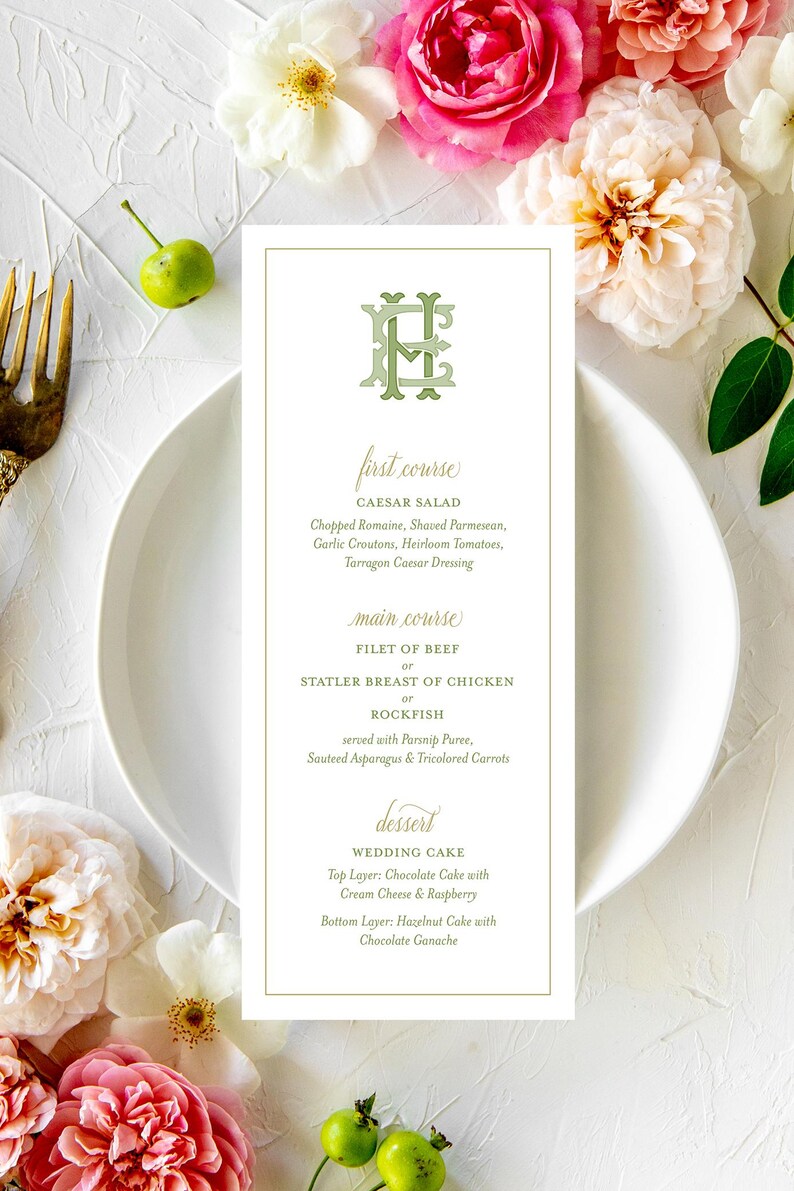 Wedding Menu With Couple's Monogram | Printed Menu With Your Initials ...