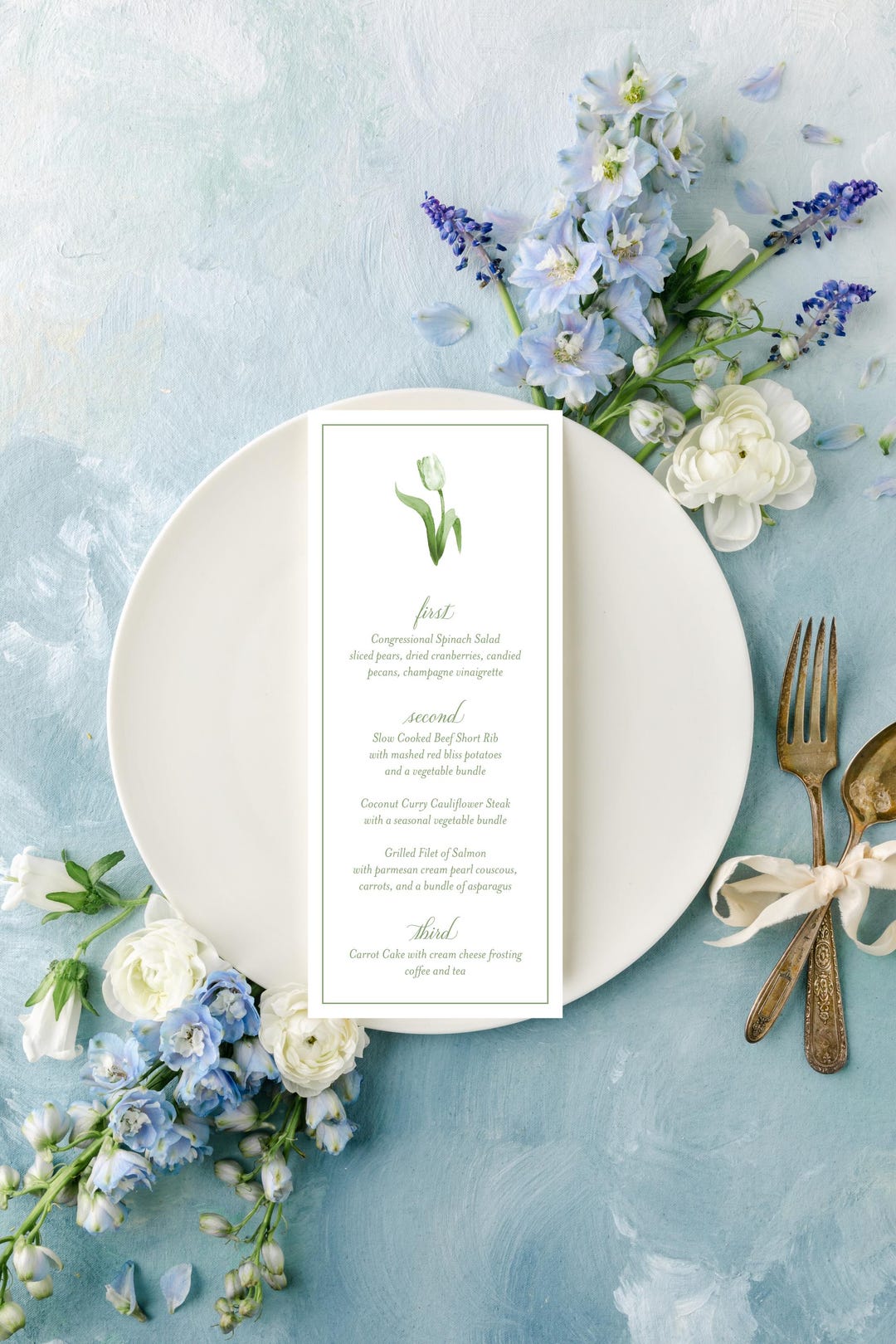 Tulip Wedding Menus | Printed Wedding Reception Menus | Green and White ...