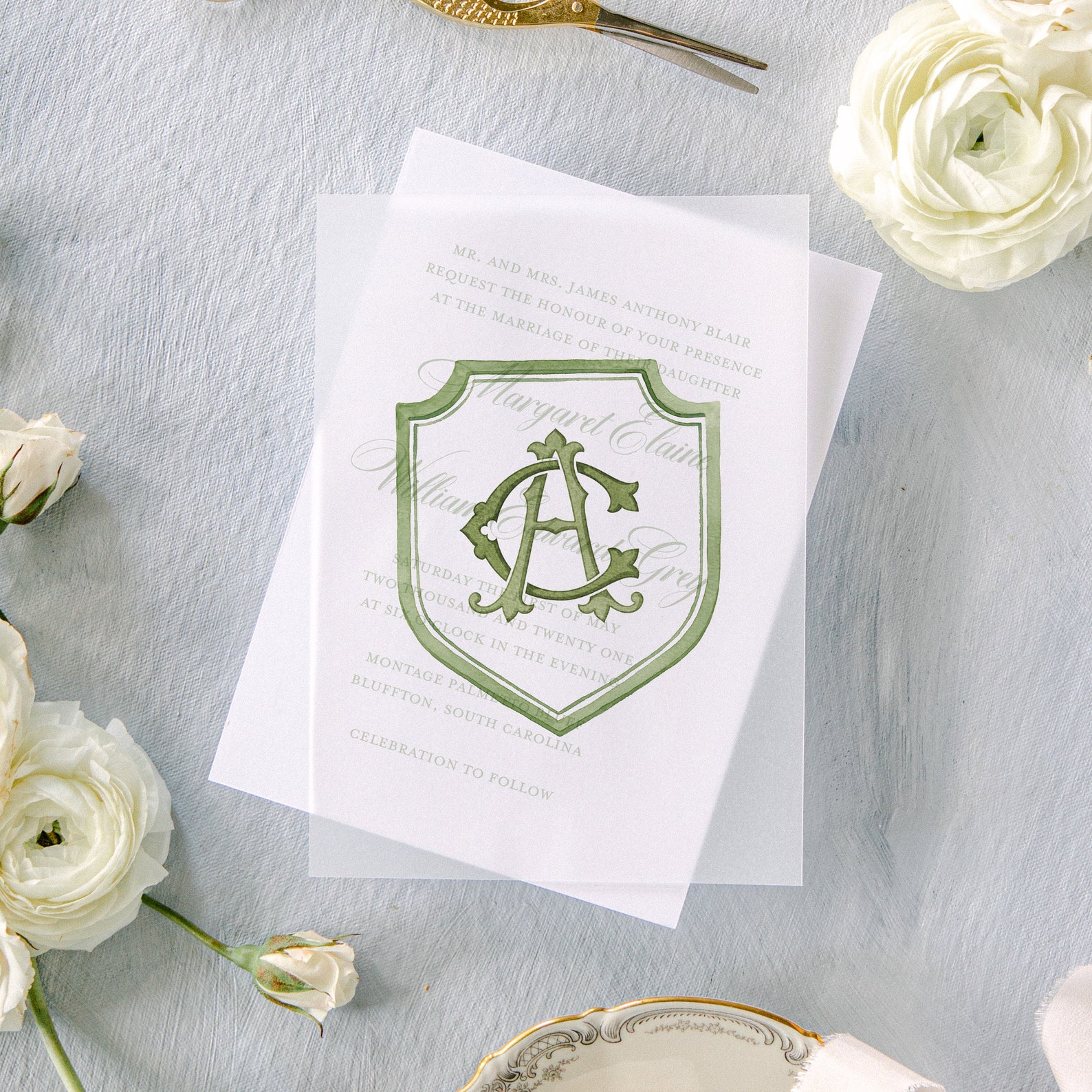 Classic Couple's Crest Vellum Overlay Interlocking Monogram Couple's Monogram Invitation Add-on ...