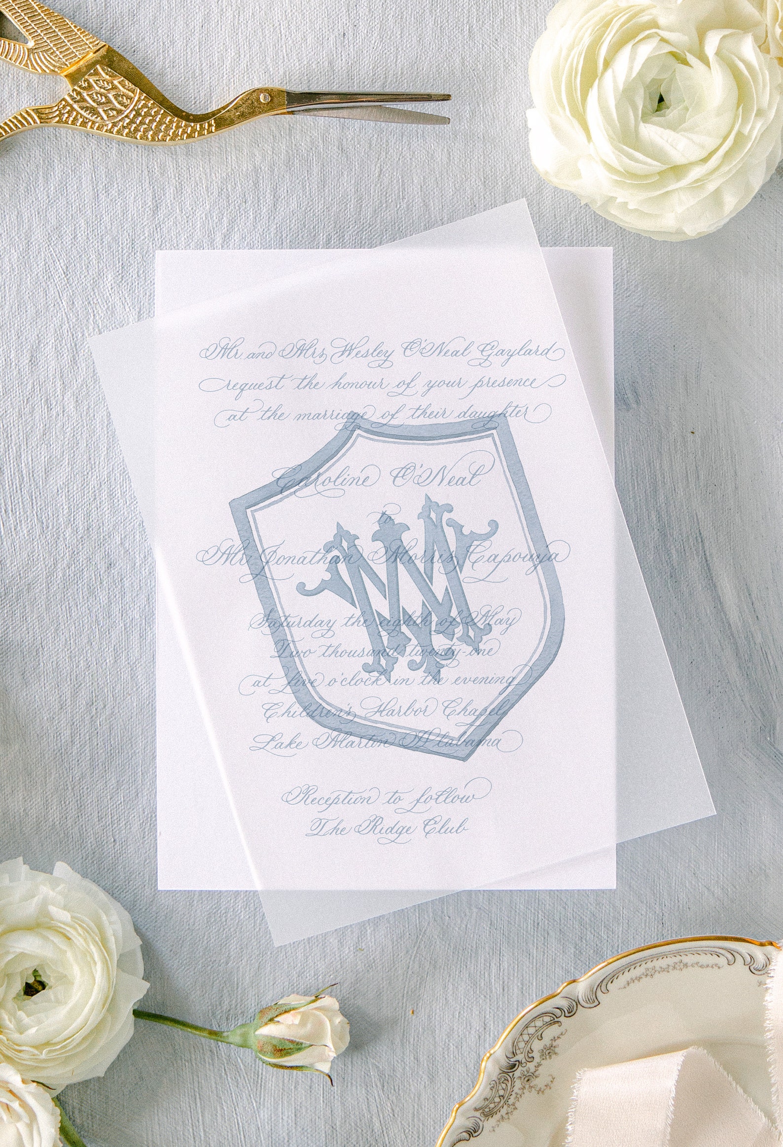 Classic Couple's Crest Vellum Overlay Interlocking Monogram Couple's Monogram Invitation Add-on ...