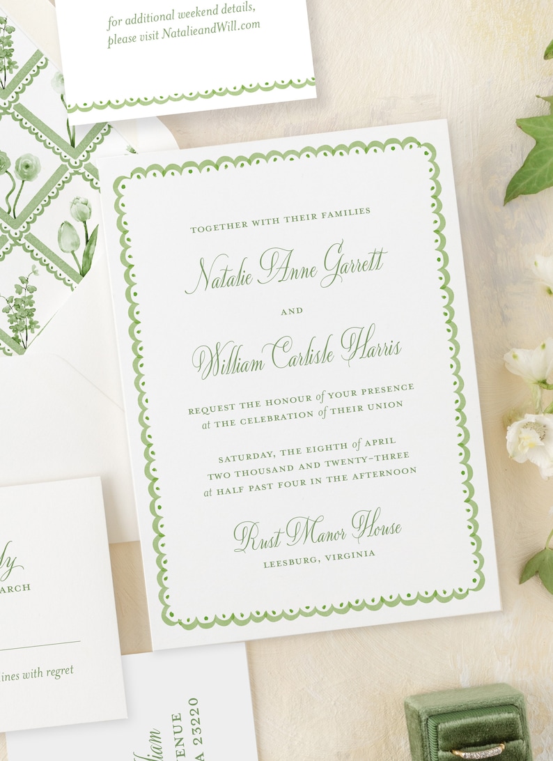 Green Trellis Floral Wedding Invitations | Printed Watercolor Wedding ...