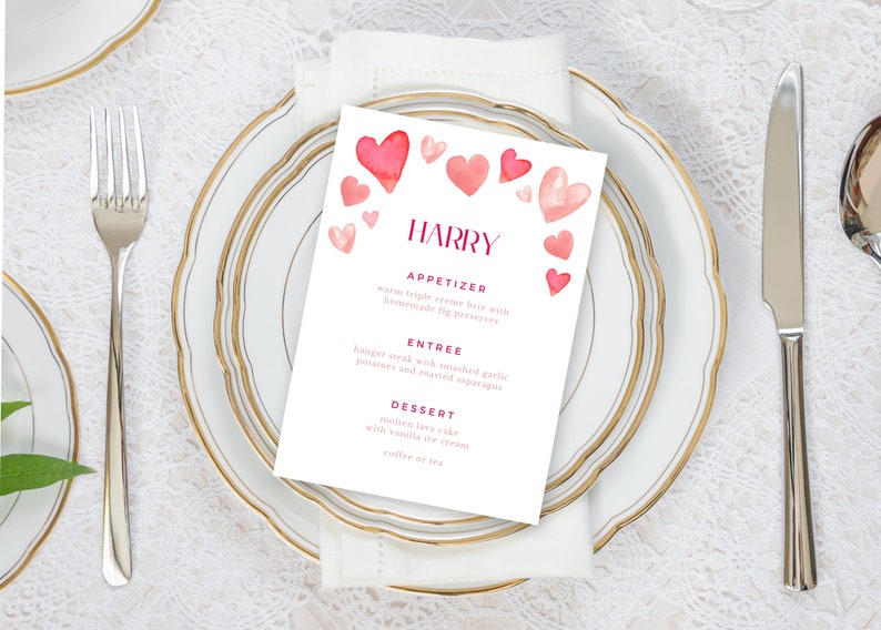 Watercolor Hearts Valentine's Menu Template | Editable INSTANT Download ...