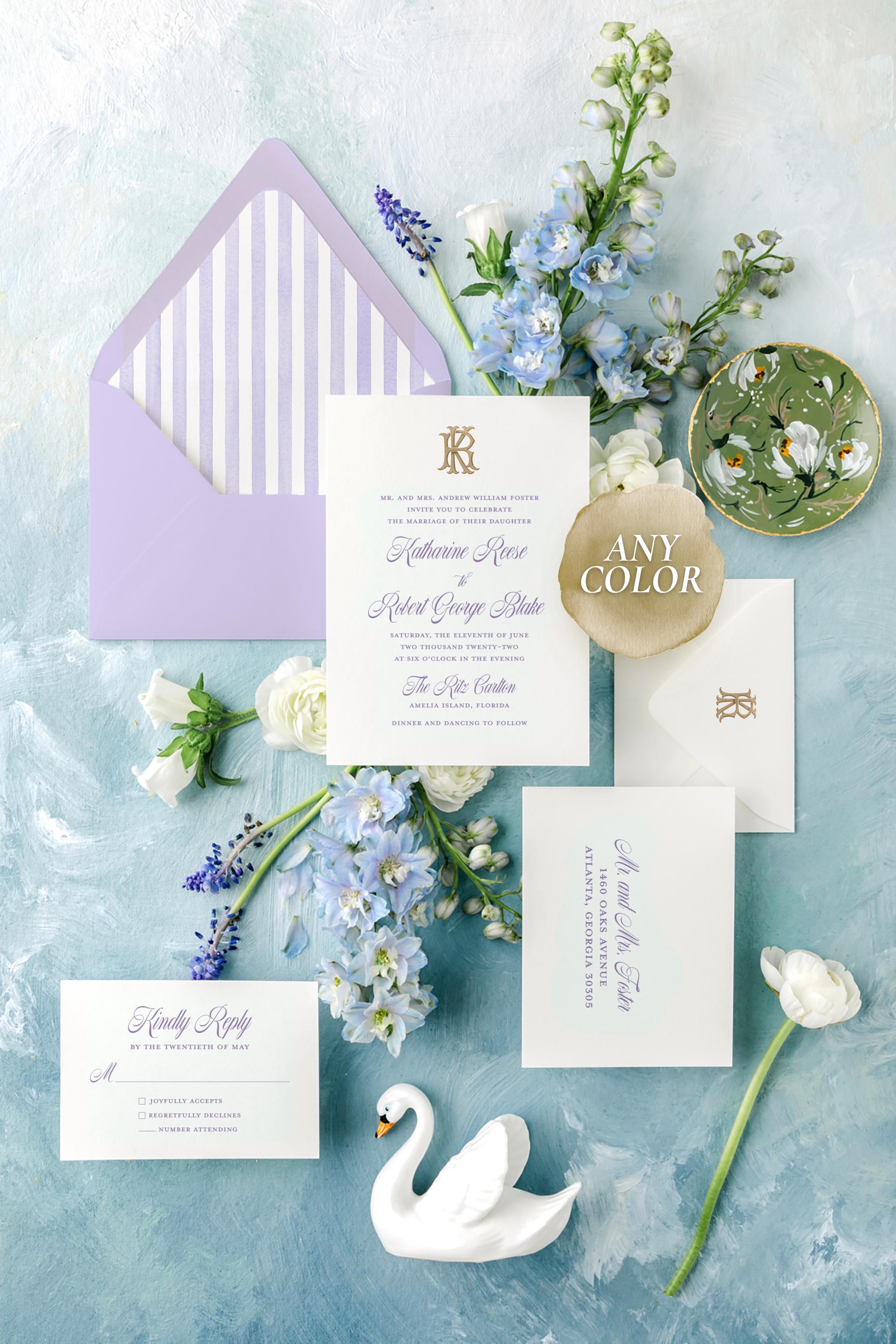 ANY COLOR Watercolor Stripe Wedding Invitations With Monogram | Printed ...
