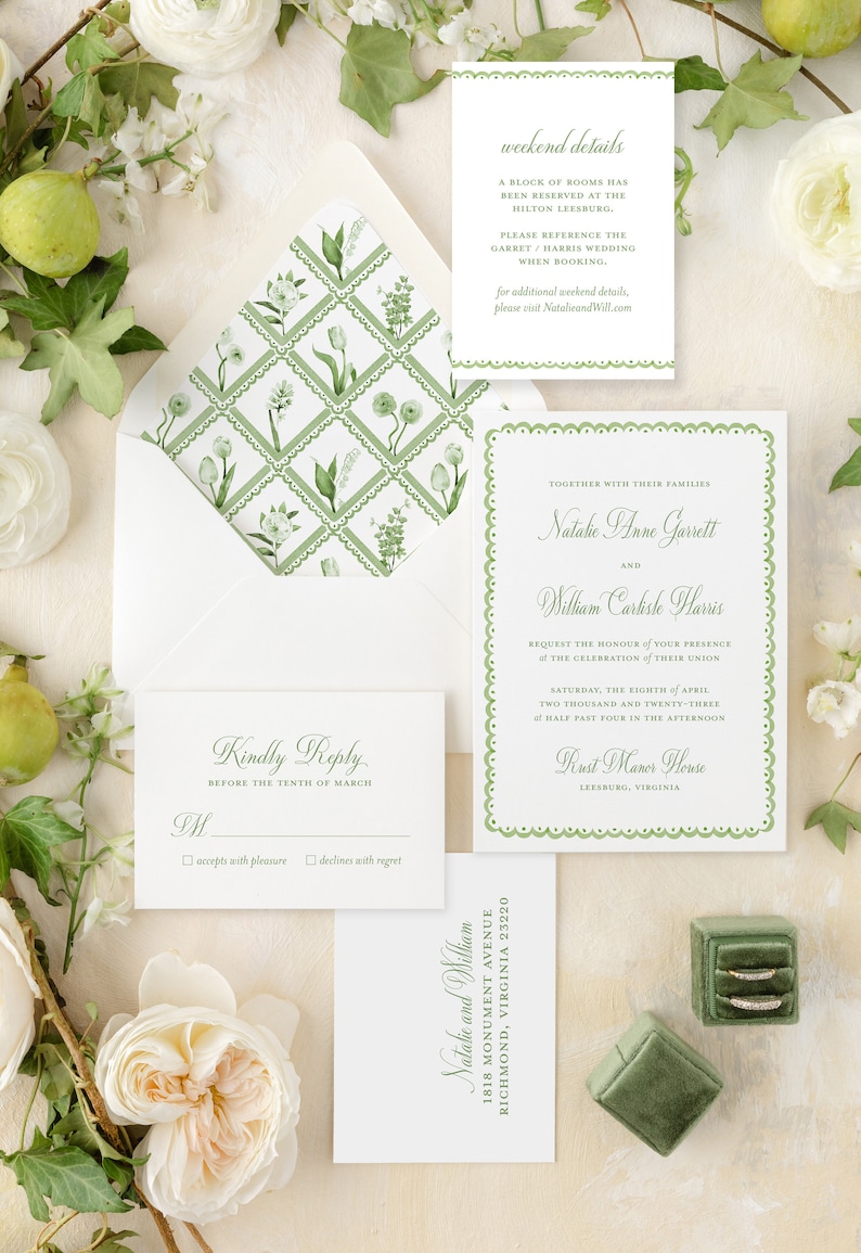 Green Trellis Floral Wedding Invitations | Printed Watercolor Wedding ...